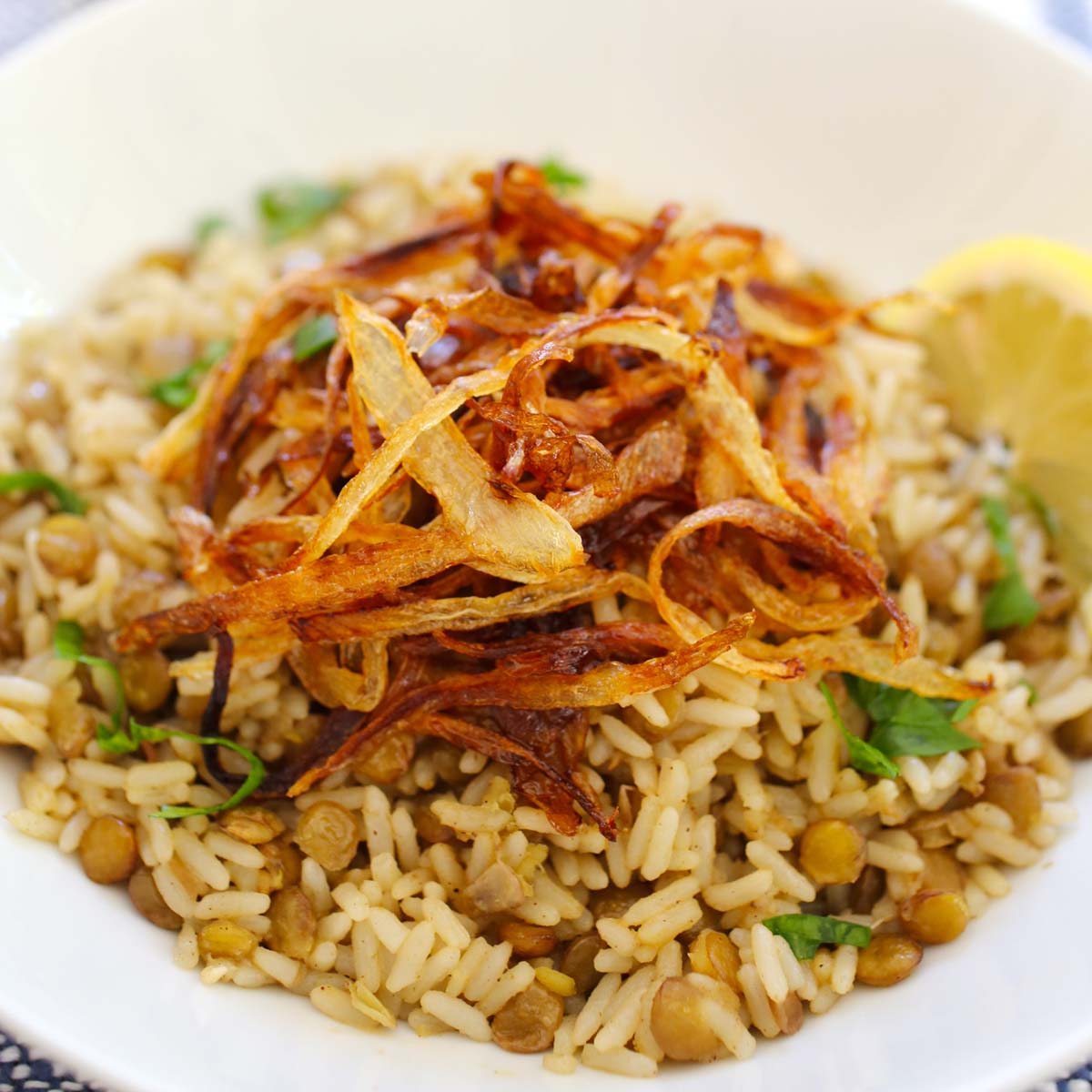 Lentils with Rice and Crispy Onions